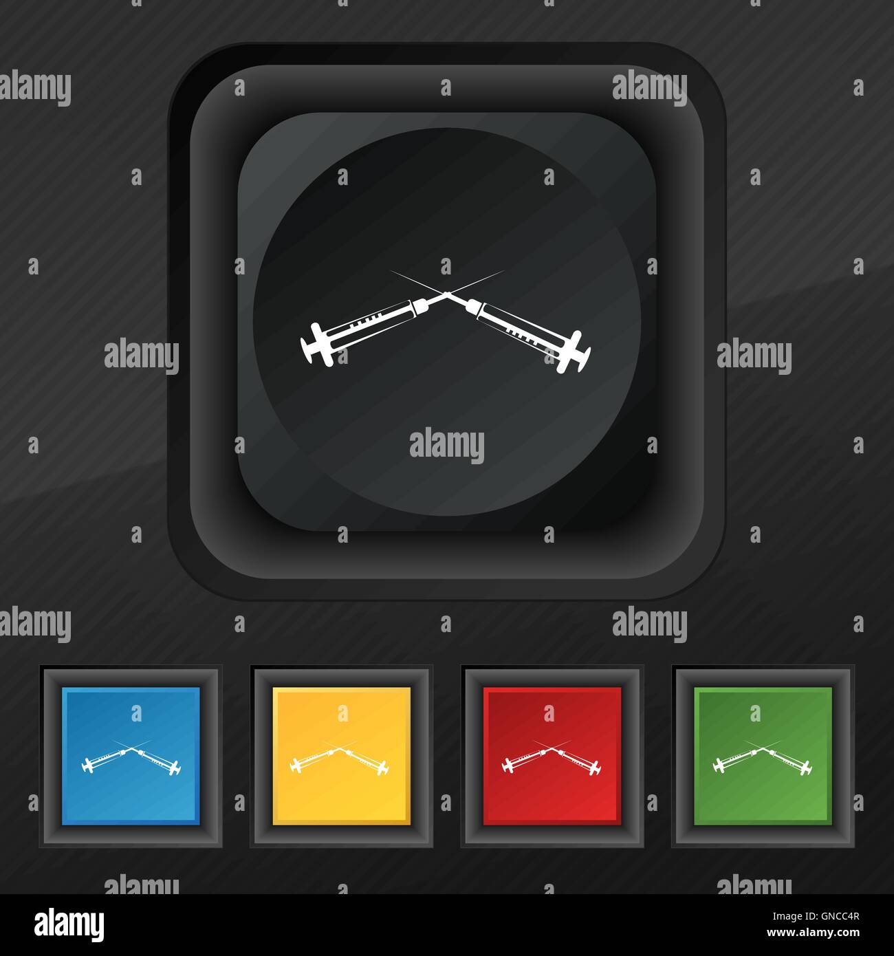 Syringes icon symbol. Set of five colorful, stylish buttons on black ...
