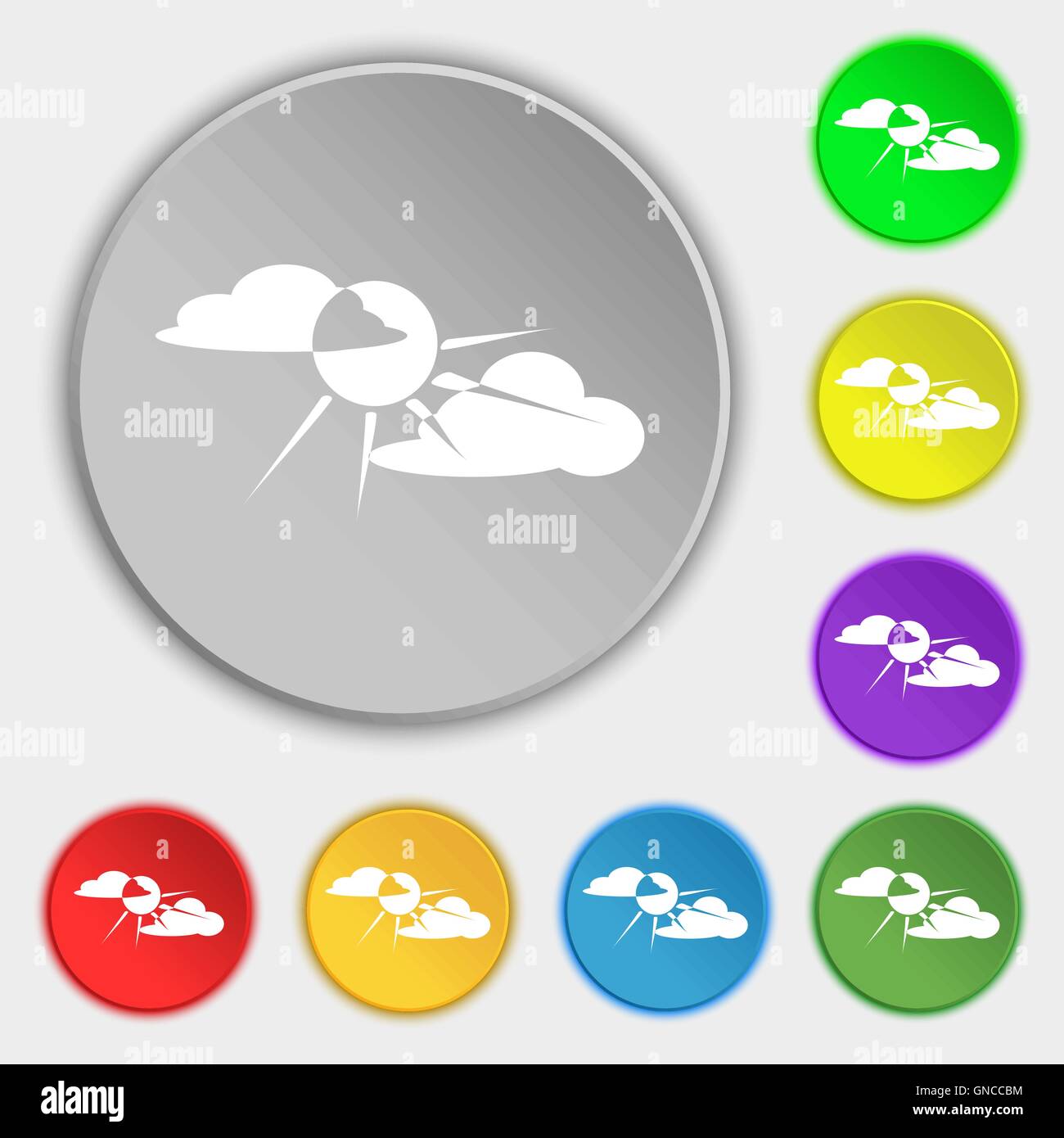 sun behind cloud icon sign. Symbol on eight flat buttons. Vector Stock ...
