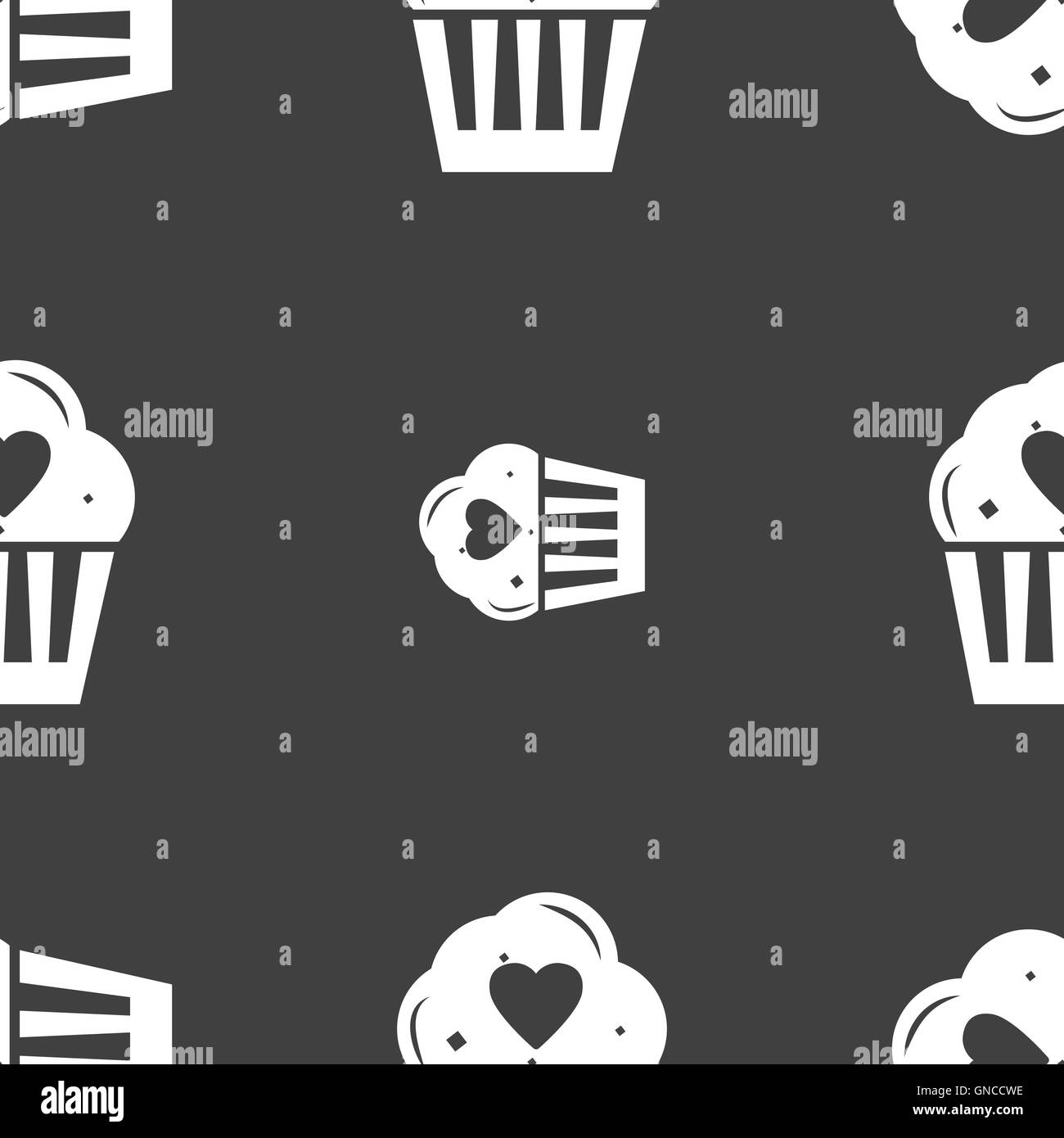 Cute Lovely Cupcake with Heart icon sign. Seamless pattern on a gray ...