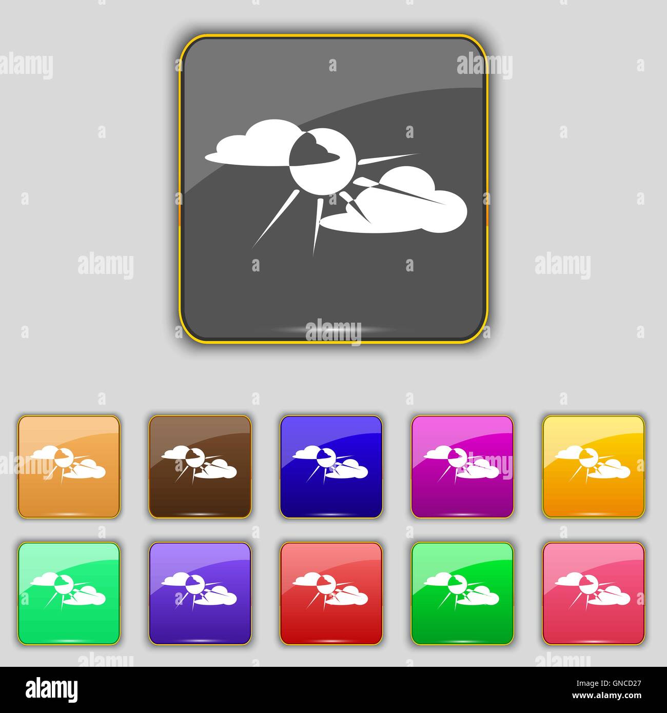 sun behind cloud icon sign. Set with eleven colored buttons for your ...