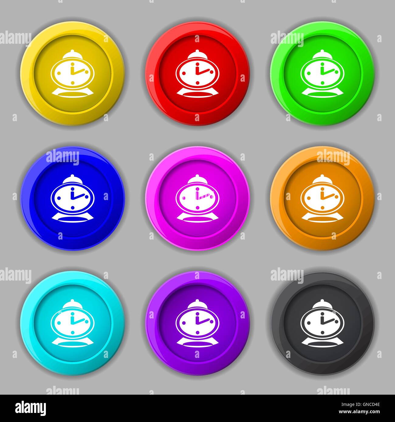 alarm clock icon sign. symbol on nine round colourful buttons. Vector ...