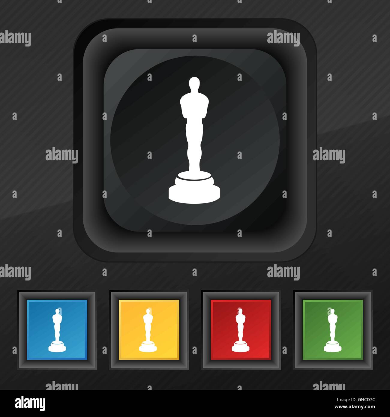 Oscar statuette icon symbol. Set of five colorful, stylish buttons on ...