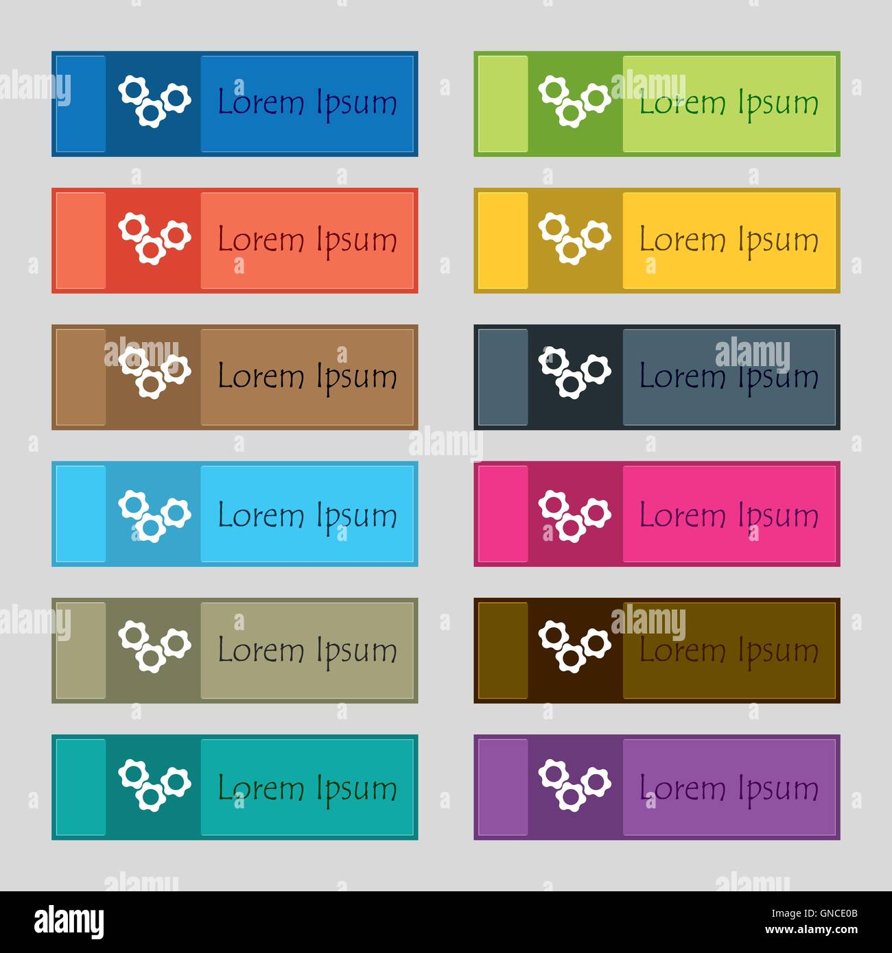 gears icon sign. Set of twelve rectangular, colorful, beautiful, high ...