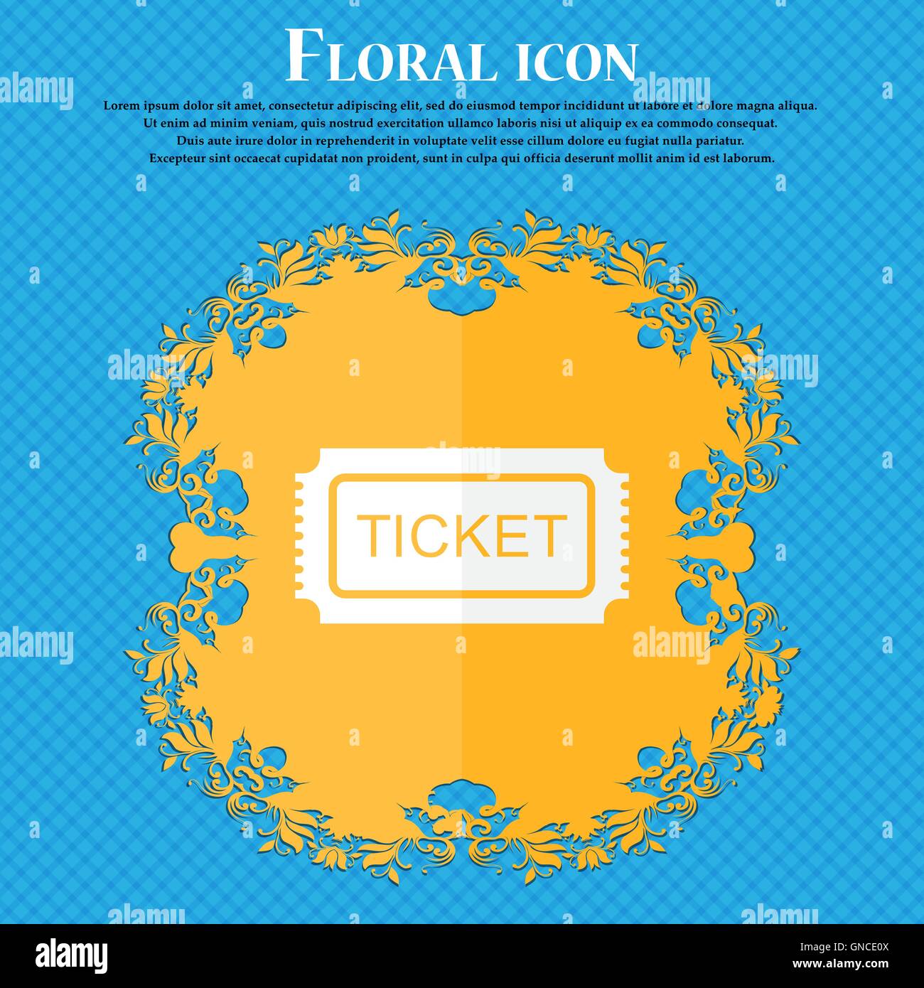 Ticket icon. Floral flat design on a blue abstract background with ...