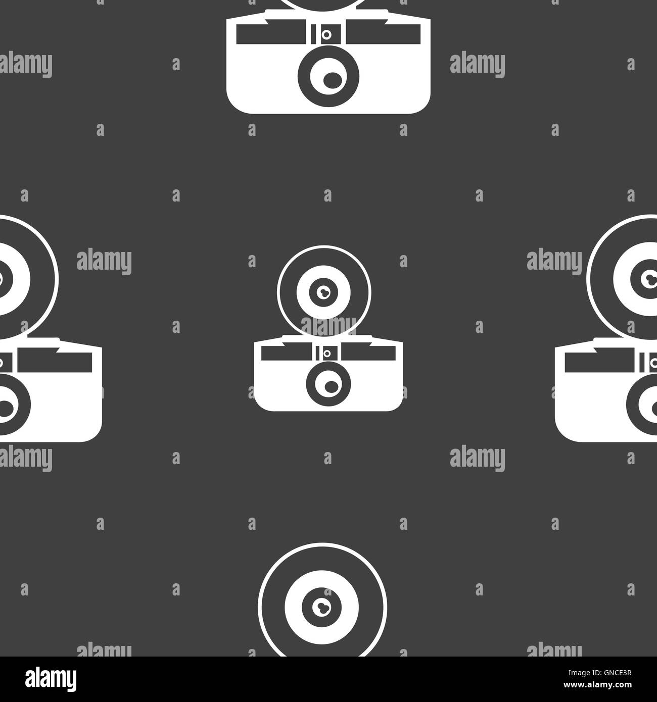 retro photo camera icon sign. Seamless pattern on a gray background ...