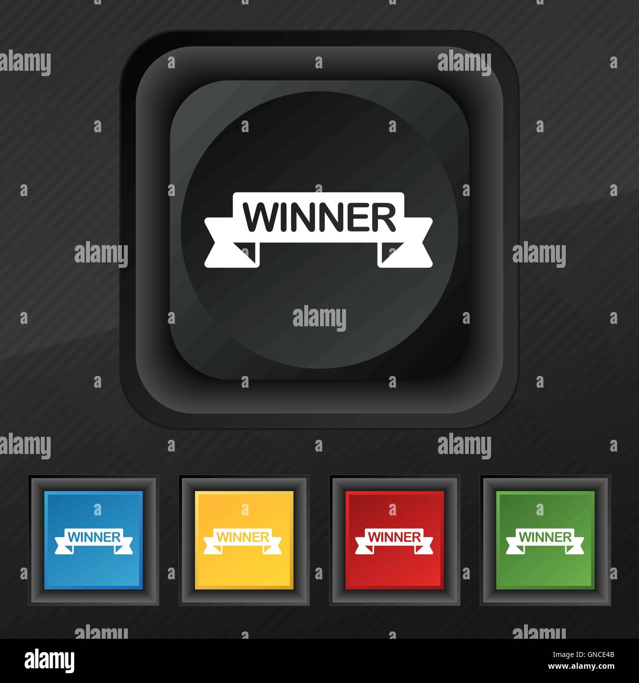 Winner icon symbol. Set of five colorful, stylish buttons on black ...