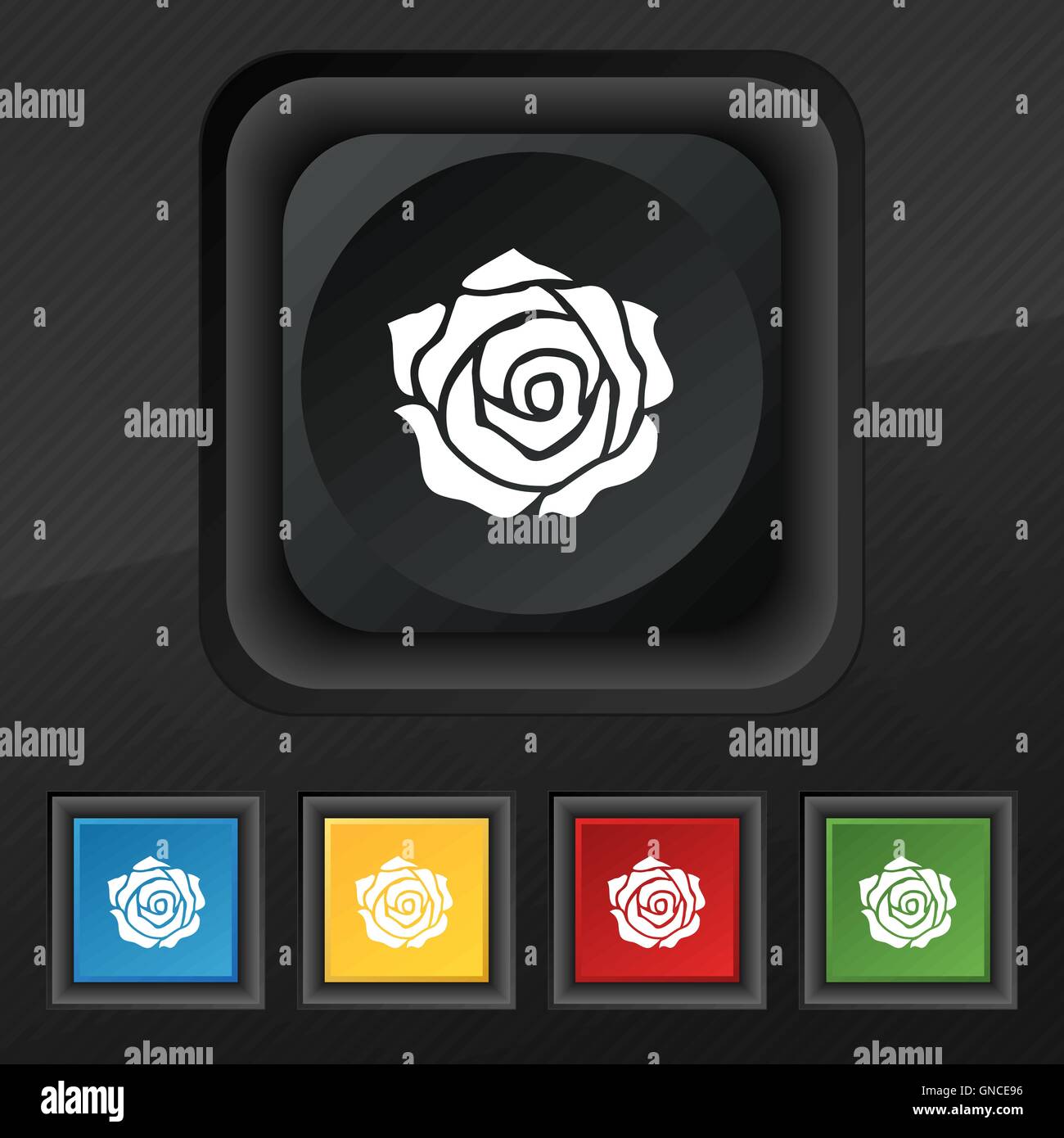 rose icon symbol. Set of five colorful, stylish buttons on black ...