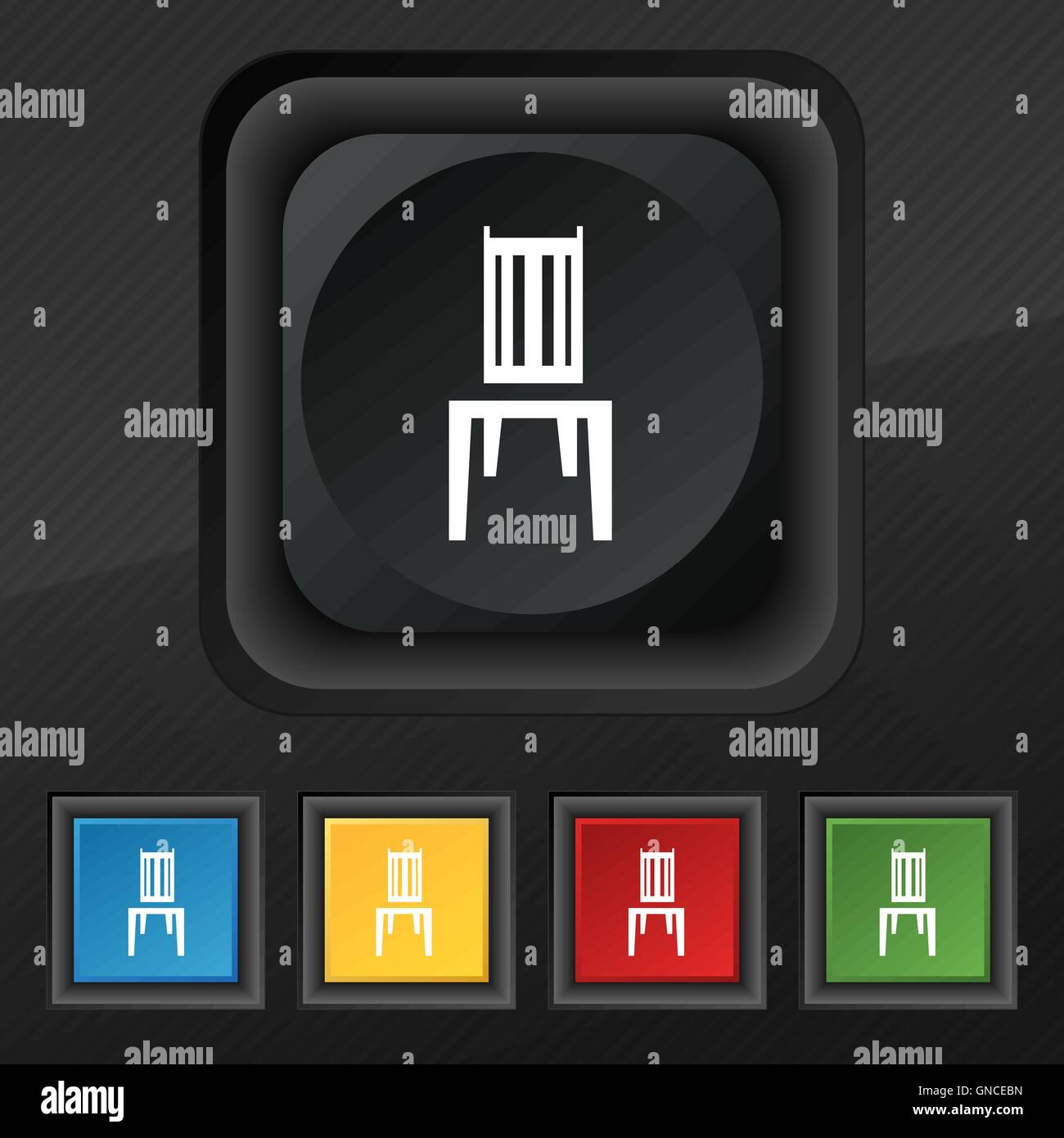 chair icon symbol. Set of five colorful, stylish buttons on black ...