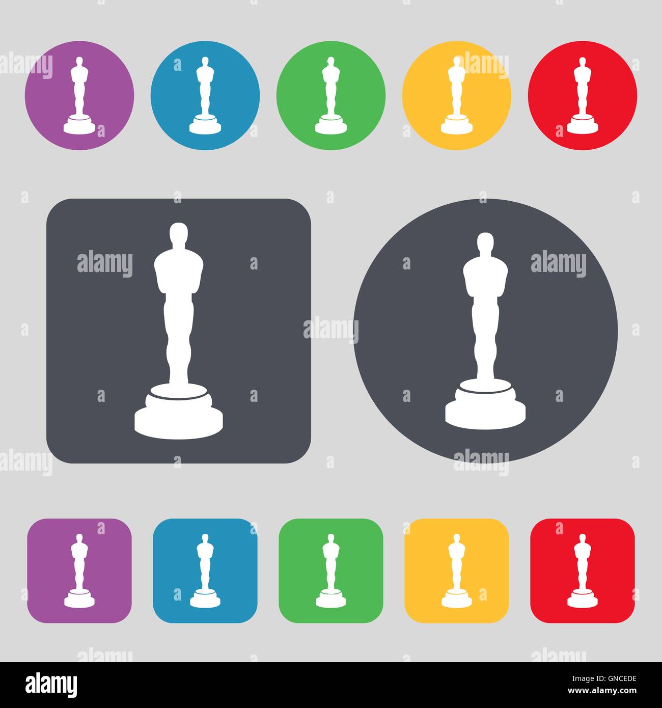 Oscar statuette icon sign. A set of 12 colored buttons. Flat design ...