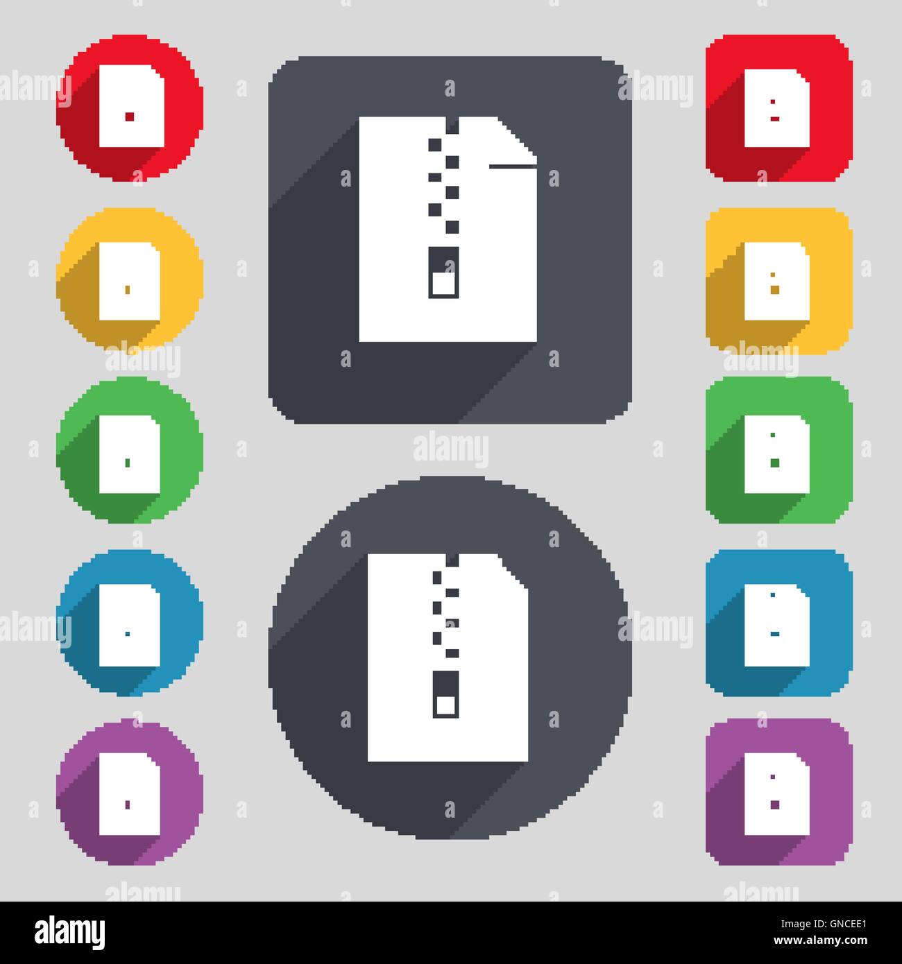 computer zip folder, archive icon sign. A set of 12 colored buttons and ...