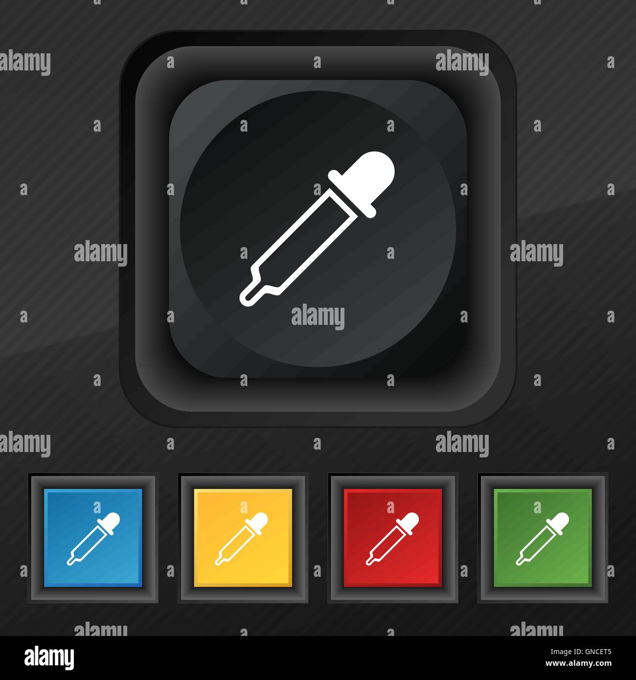 Pipette icon symbol. Set of five colorful, stylish buttons on black ...