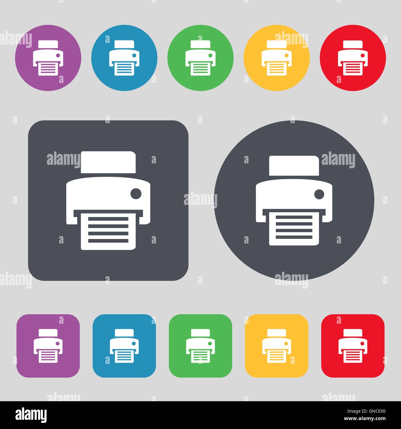 fax, printer icon sign. A set of 12 colored buttons. Flat design ...