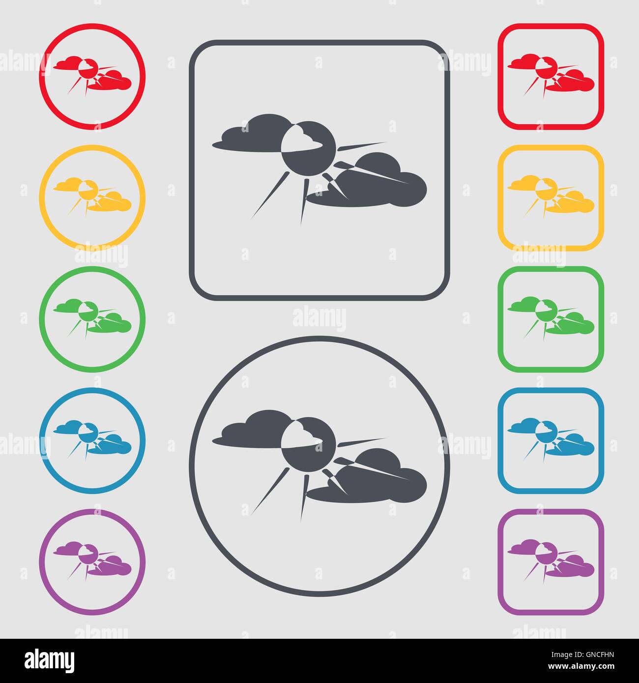 sun behind cloud icon sign. symbol on the Round and square buttons with ...