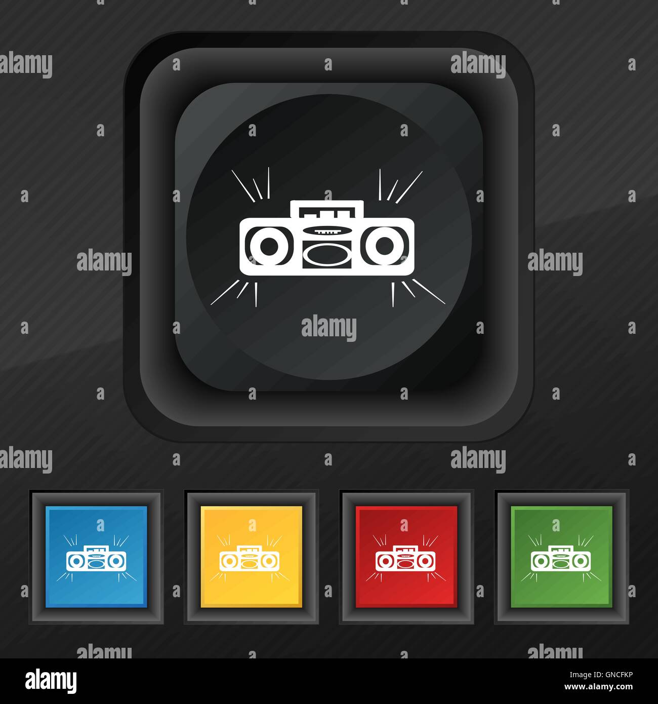 Radio cassette player icon symbol. Set of five colorful, stylish ...