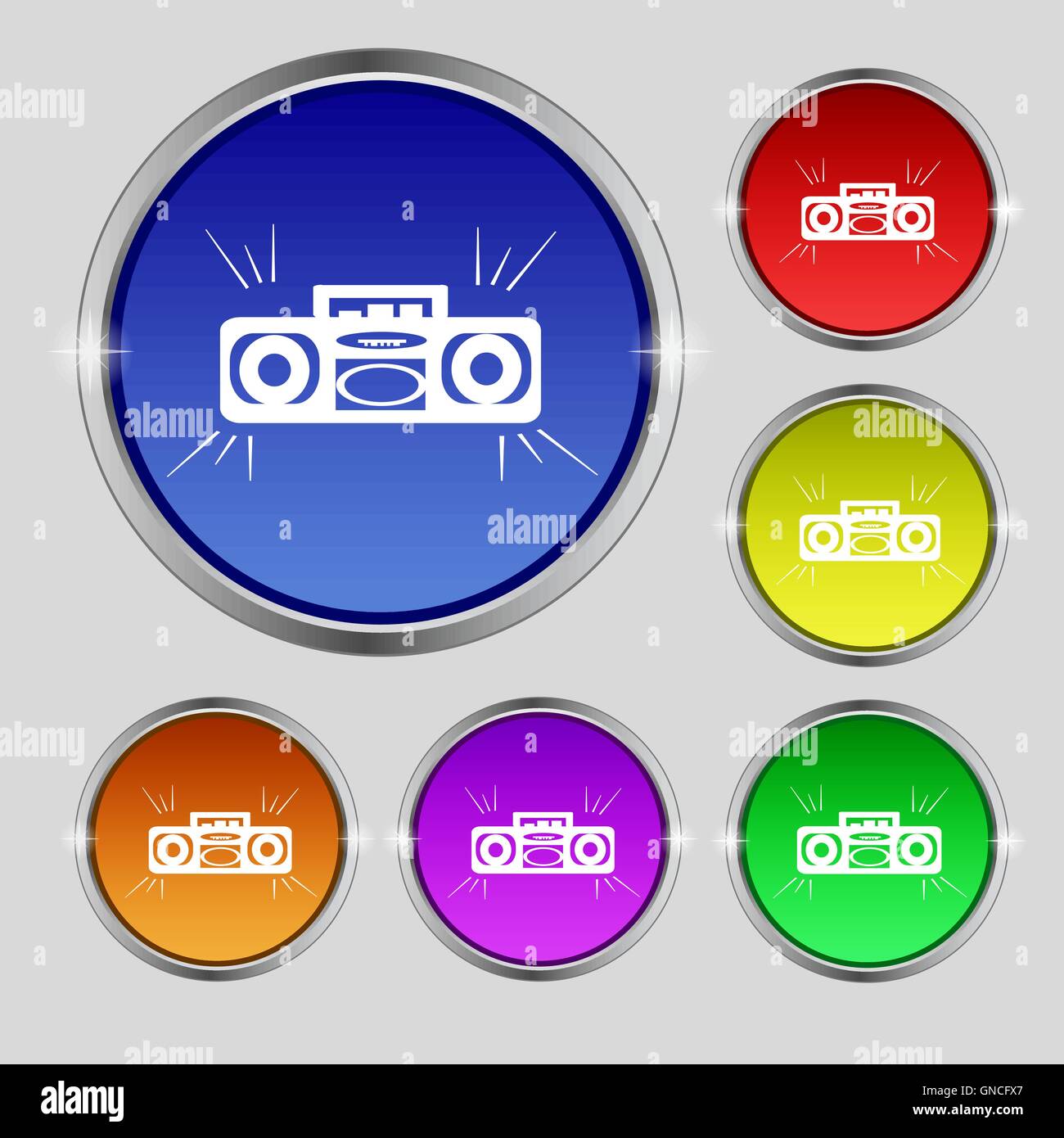 Radio cassette player icon sign. Round symbol on bright colourful ...