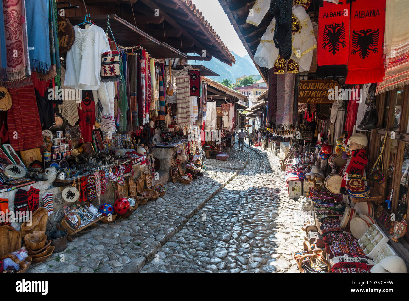Souvenir and Bric a brac shops at the bazaar in Kruja, central Albania ...