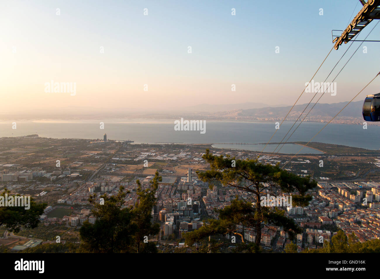 View of the cable car and izmir landscape in teleferik mountain balcova ...