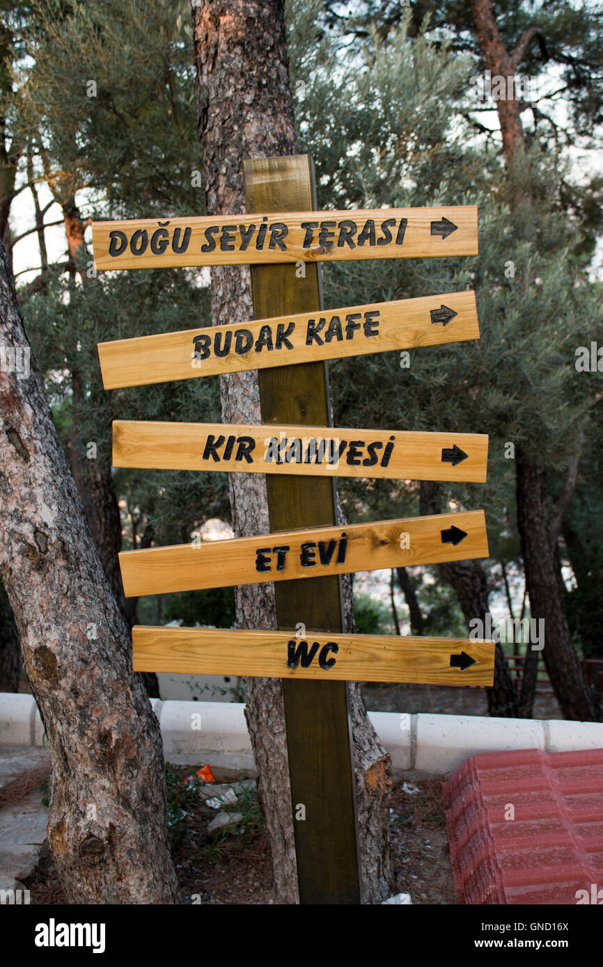 Wooden Direction Sign in national park forest in izmir ,Turkey Stock ...