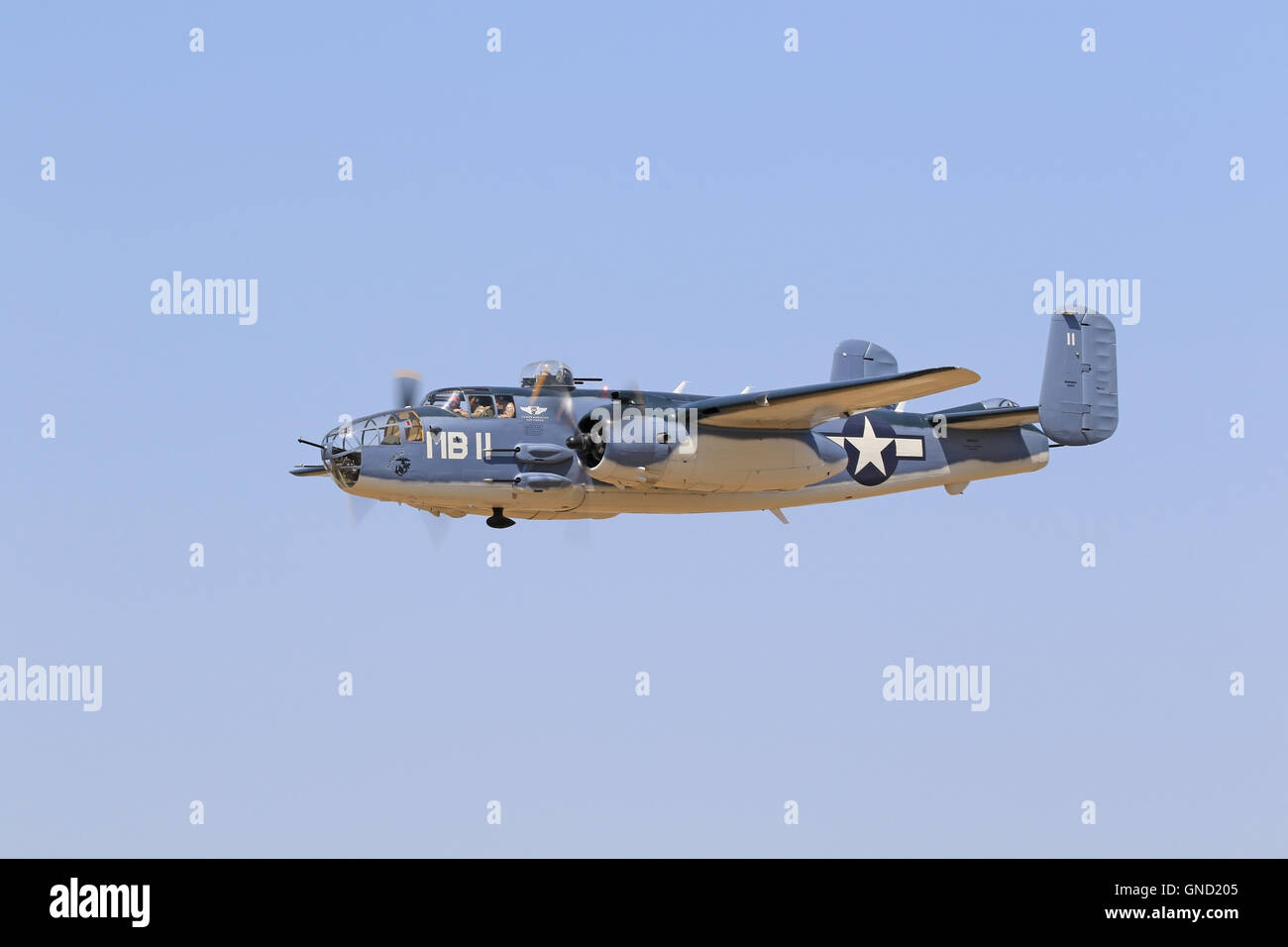 Airplane vintage WWII B-25 Mitchell "PBJ" aircraft flying at 2016 ...