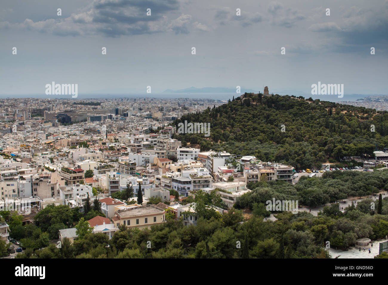 View from Acropolis on the greek capital Athens. A lot of green parts ...