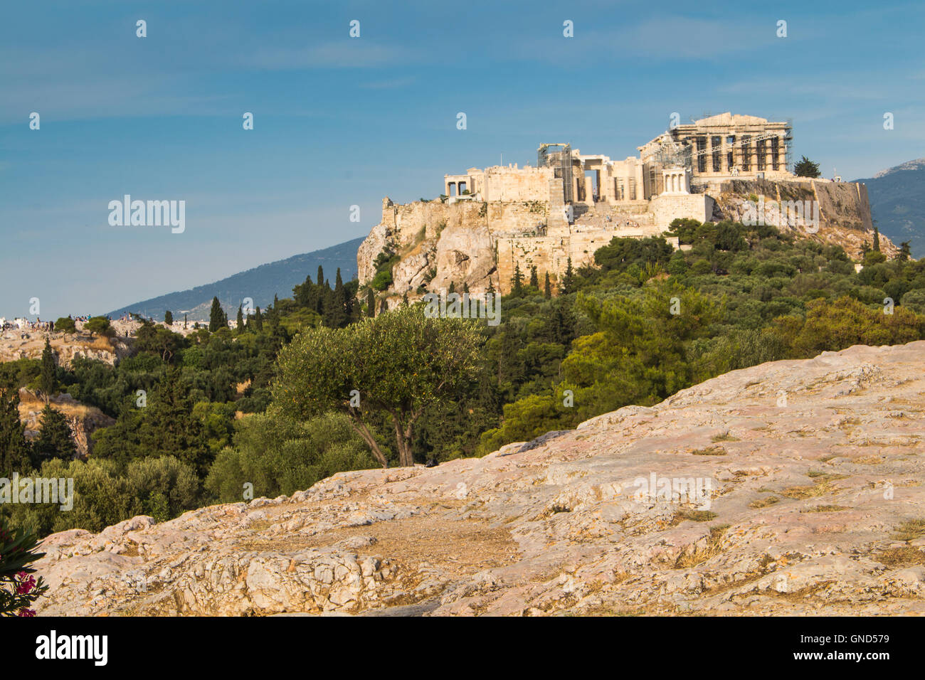 View from a park on the important greek monument: Acropolis, built on ...