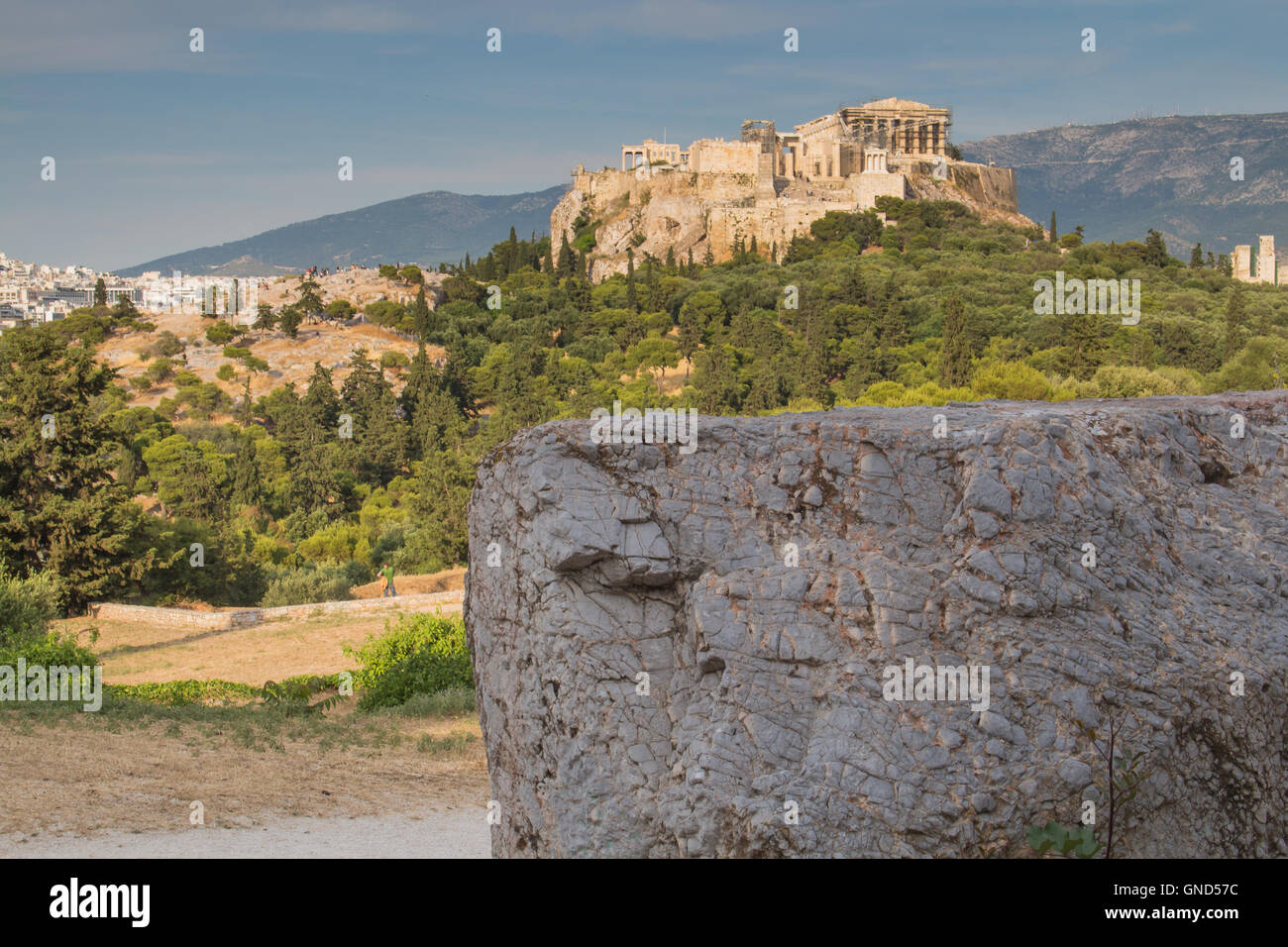 View from a park on the important greek monument: Acropolis, built on ...