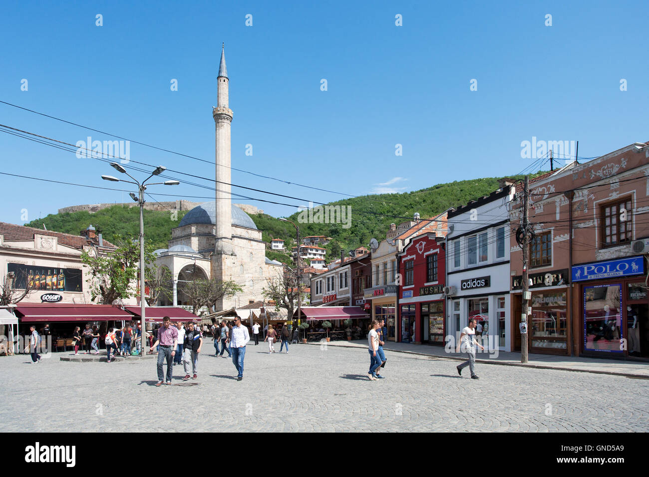 Prizren, Kosovo - May 6, 2015 : Shadervan square and Sinan Pasha mosque ...