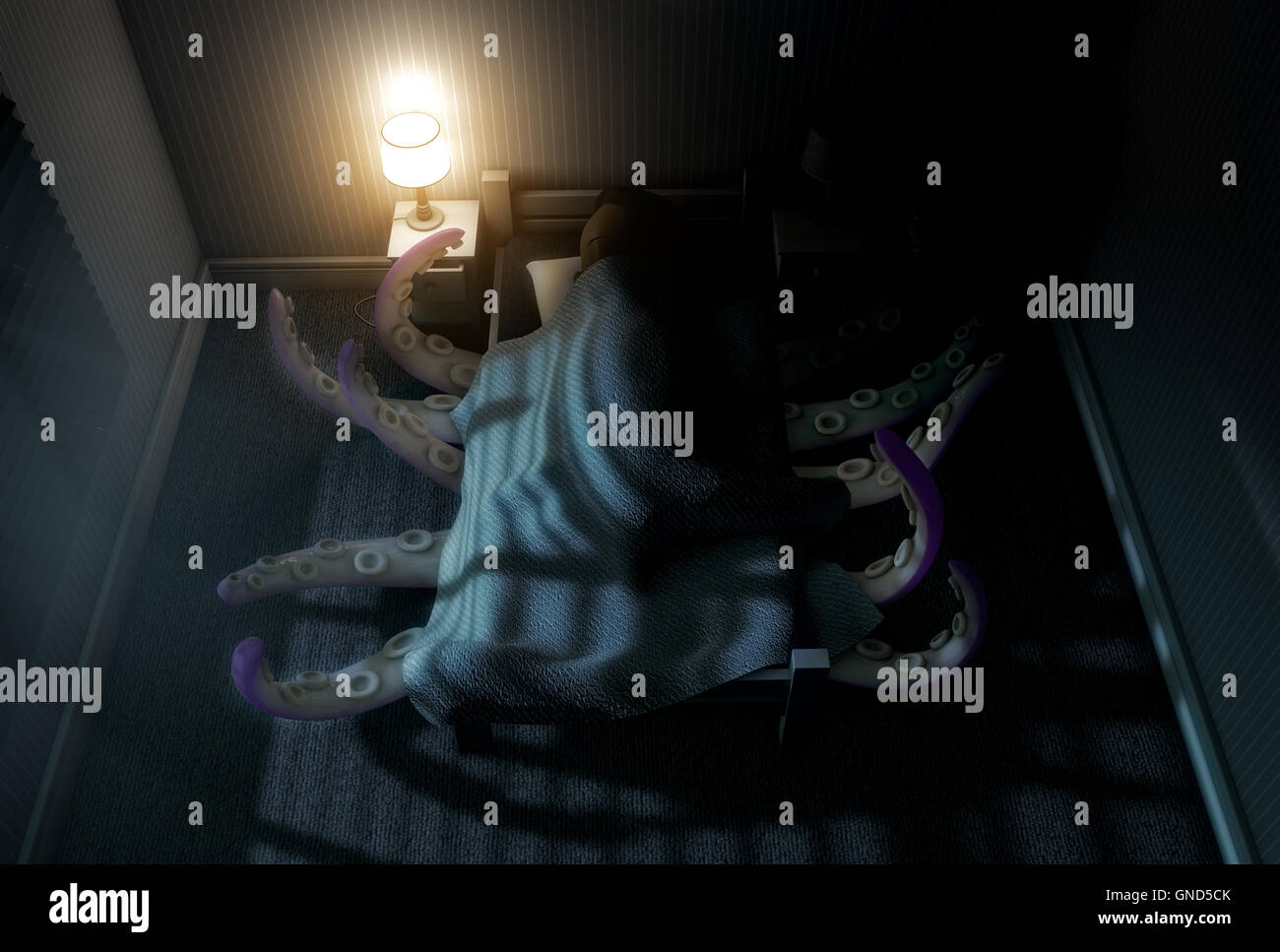 bedroom with an octopus like beast with tentacles reaching from under ...