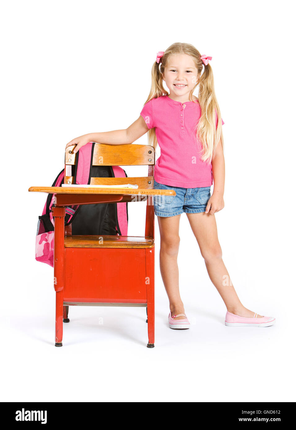Little girl student, ready for school, isolated on white background ...