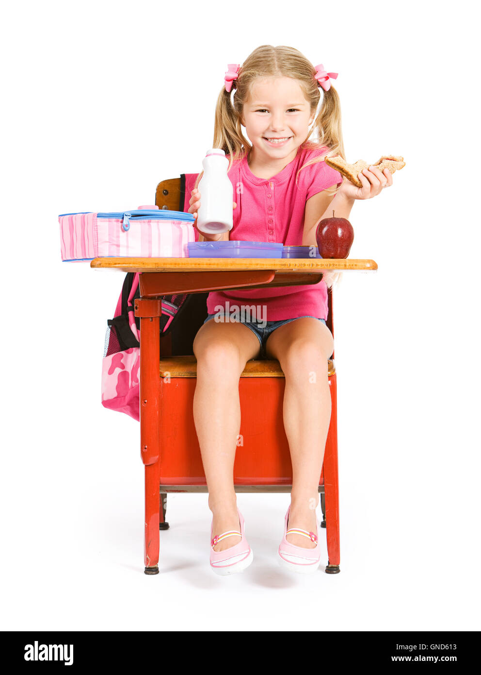 Little girl student, ready for school, isolated on white background ...