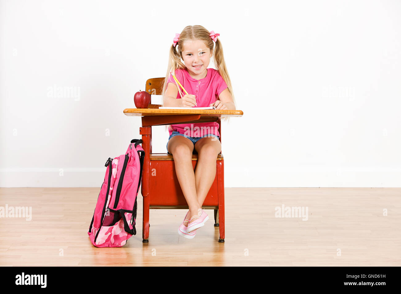 Little girl student, ready for school, isolated on white background ...