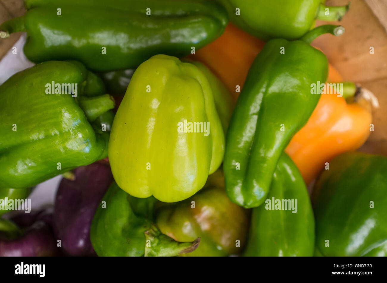 Assorted organic colorful bell peppers on display at local farmers ...