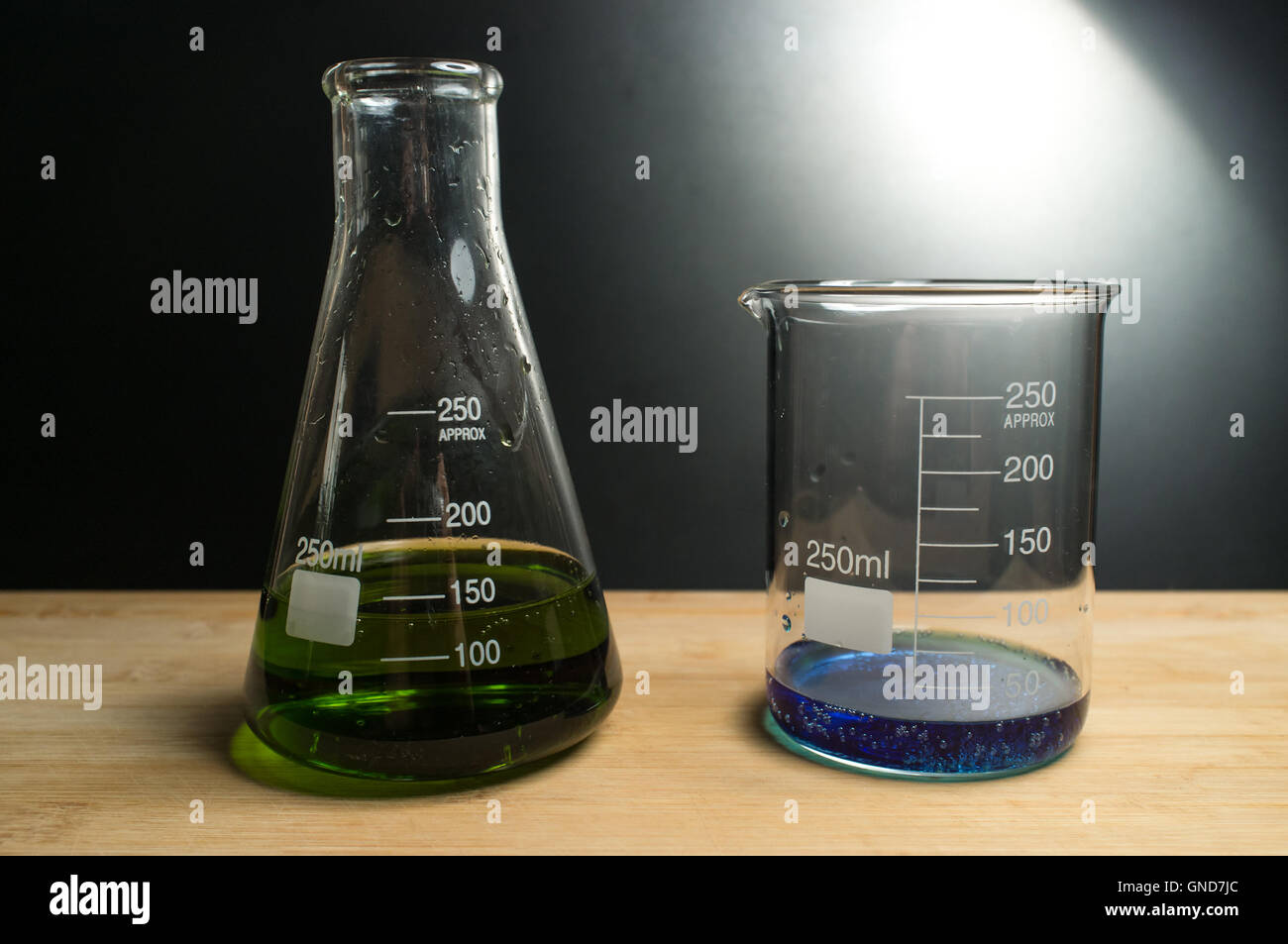 Close up glass measuring beaker for science experiment background Stock ...