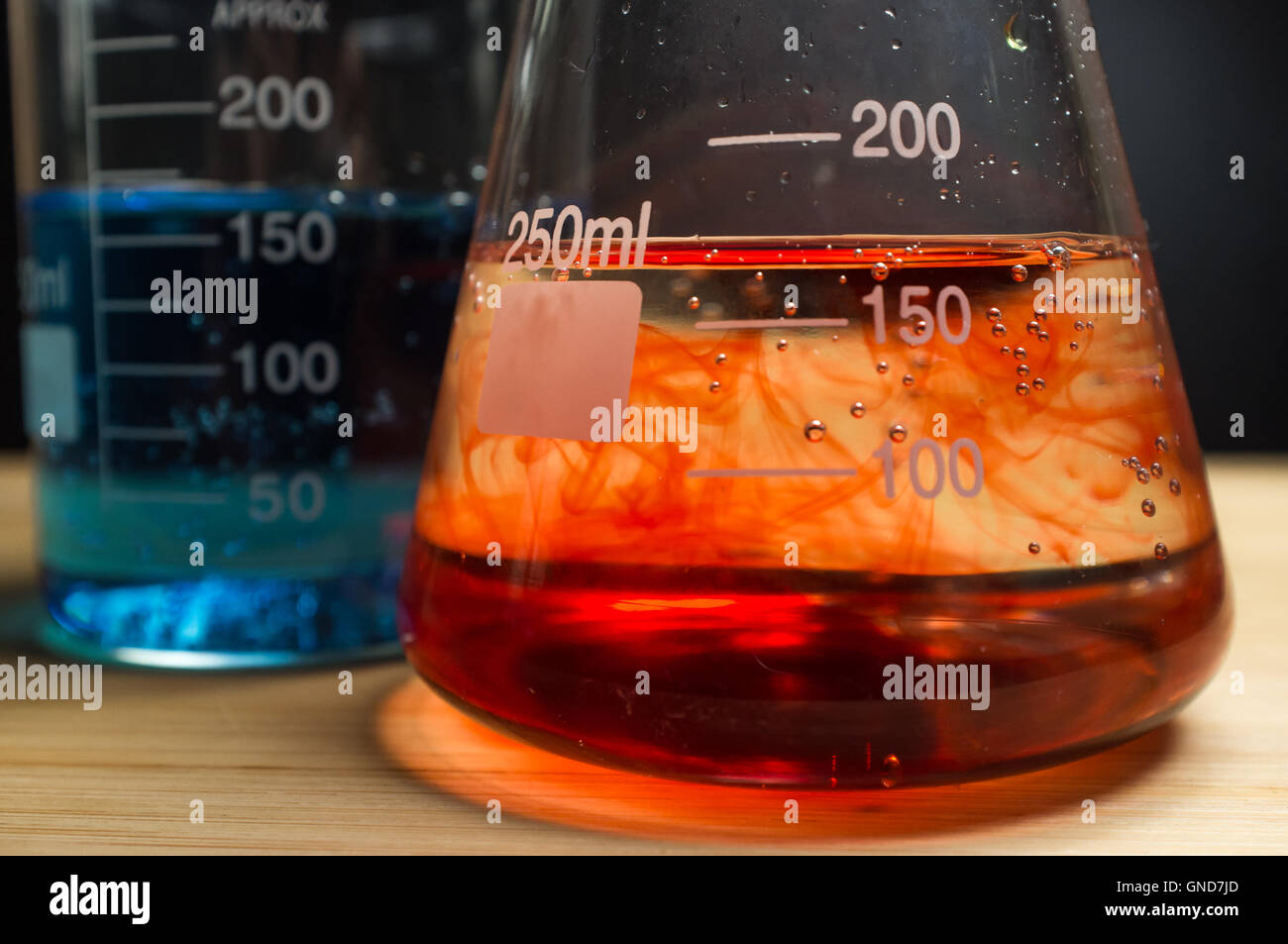 Close up glass measuring beaker for science experiment background Stock ...