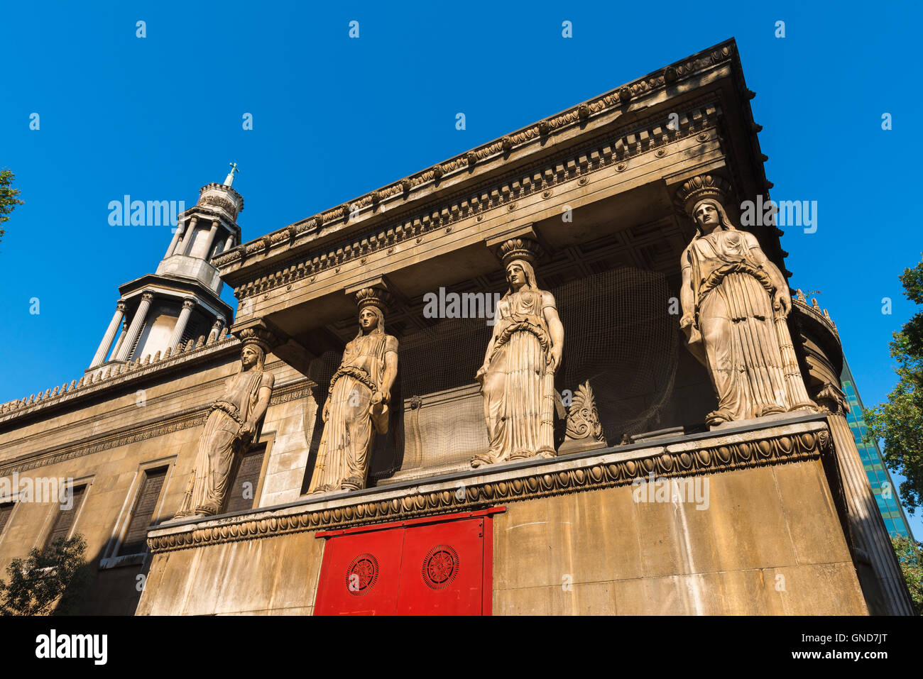 St Pancras Church London, view of a quartet of caryatids sited above ...