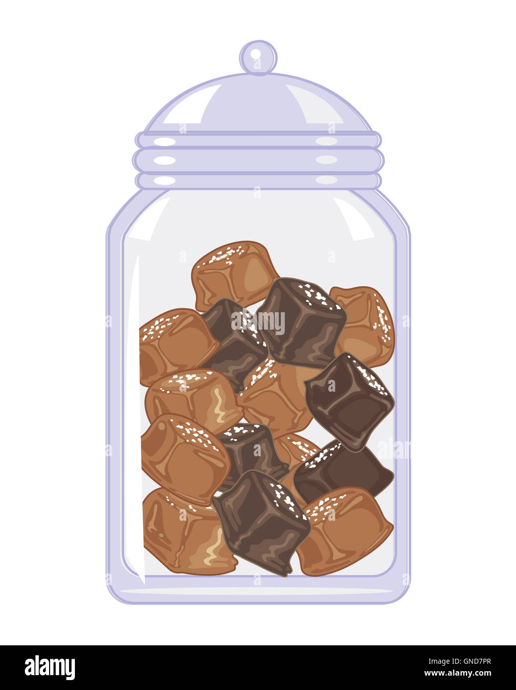 an illustration of a glass jar of salted caramel candy in small squares ...