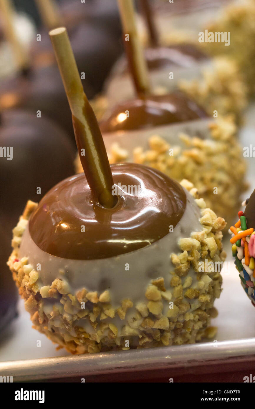 Tray of assorted variety of candy apples at state fair Stock Photo - Alamy