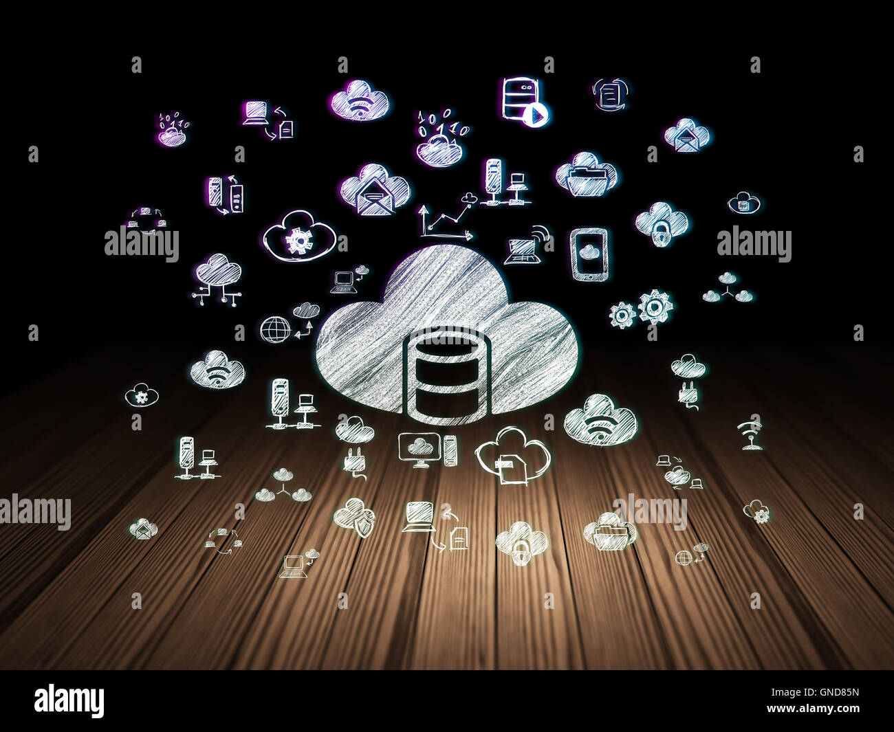 Cloud technology concept: Database With Cloud in grunge dark room Stock ...