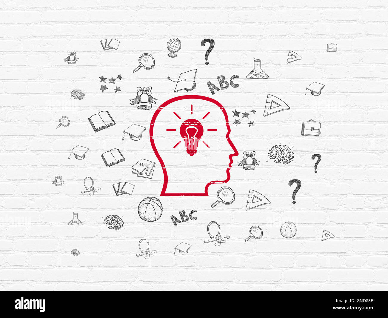 Education concept: Head With Lightbulb on wall background Stock Photo ...