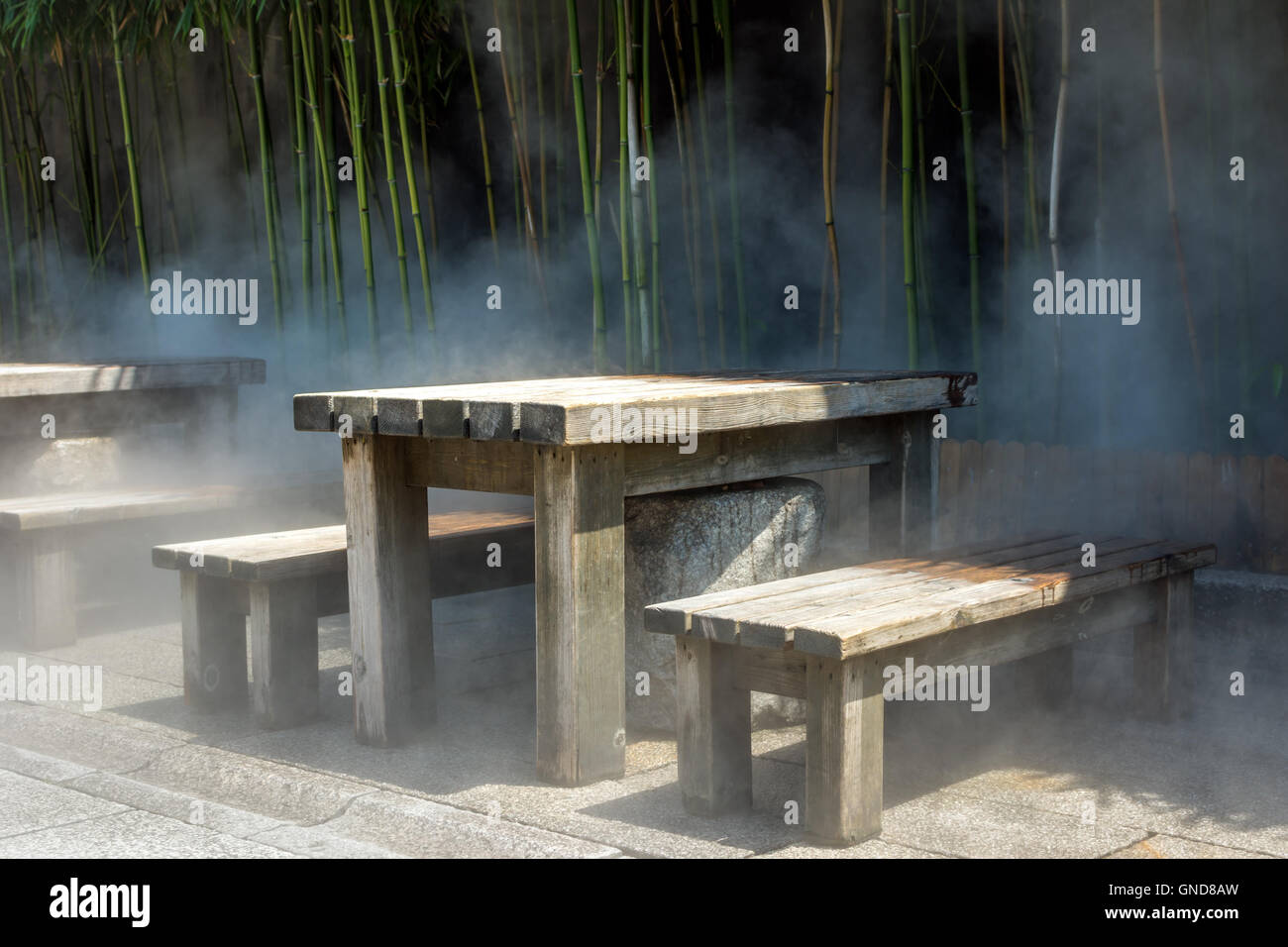wooden bench in mist Stock Photo - Alamy