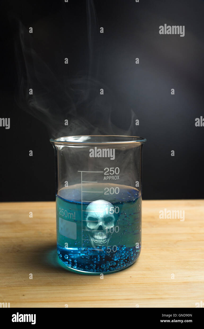 Close up glass measuring beaker with poison skull Stock Photo - Alamy