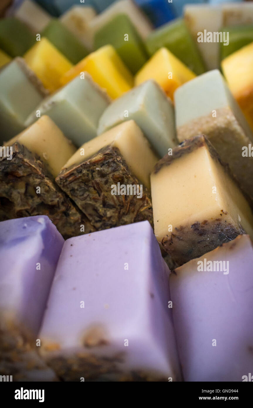 Columns and rows of various colorful homemade bar soaps Stock Photo - Alamy
