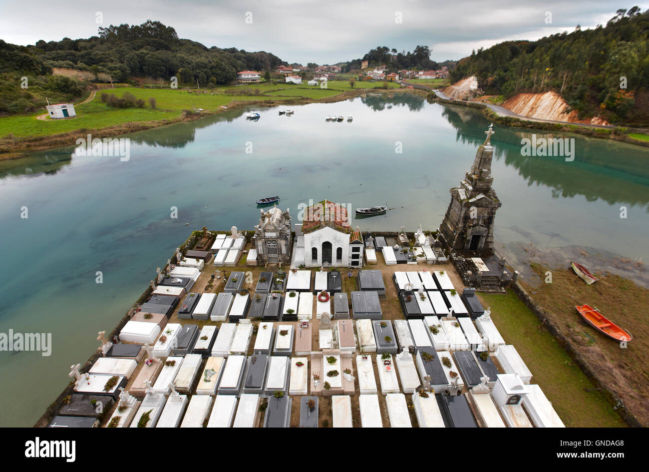 Landscape with cemetery and river in Barro, Asturias. Spain. Horizontal ...