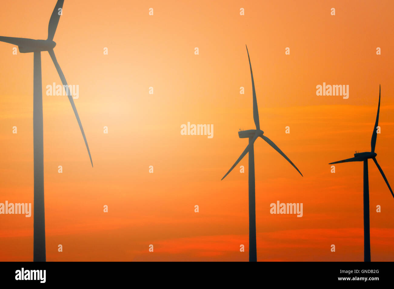 Wind turbine farm with rays of light at sunset Stock Photo - Alamy