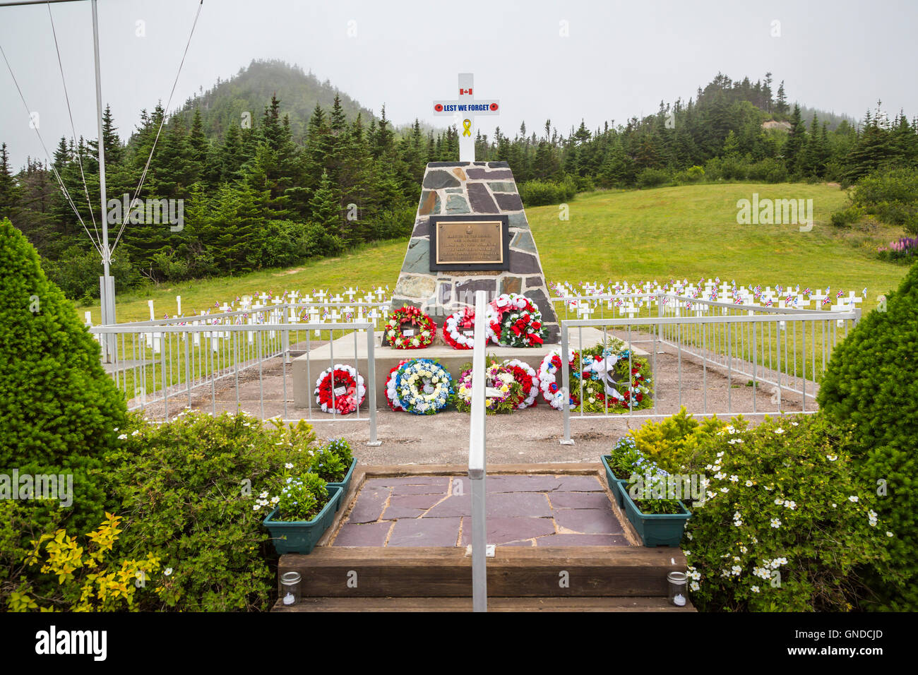 Crosses and cenotaph at a cemetery in Ferryland, Newfoundland and ...