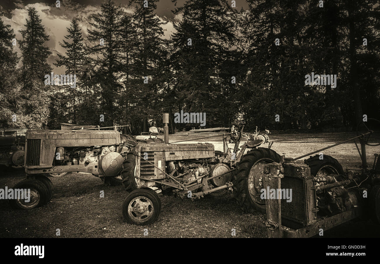 Antique Tractors on a Farm, Black and White Stock Photo - Alamy