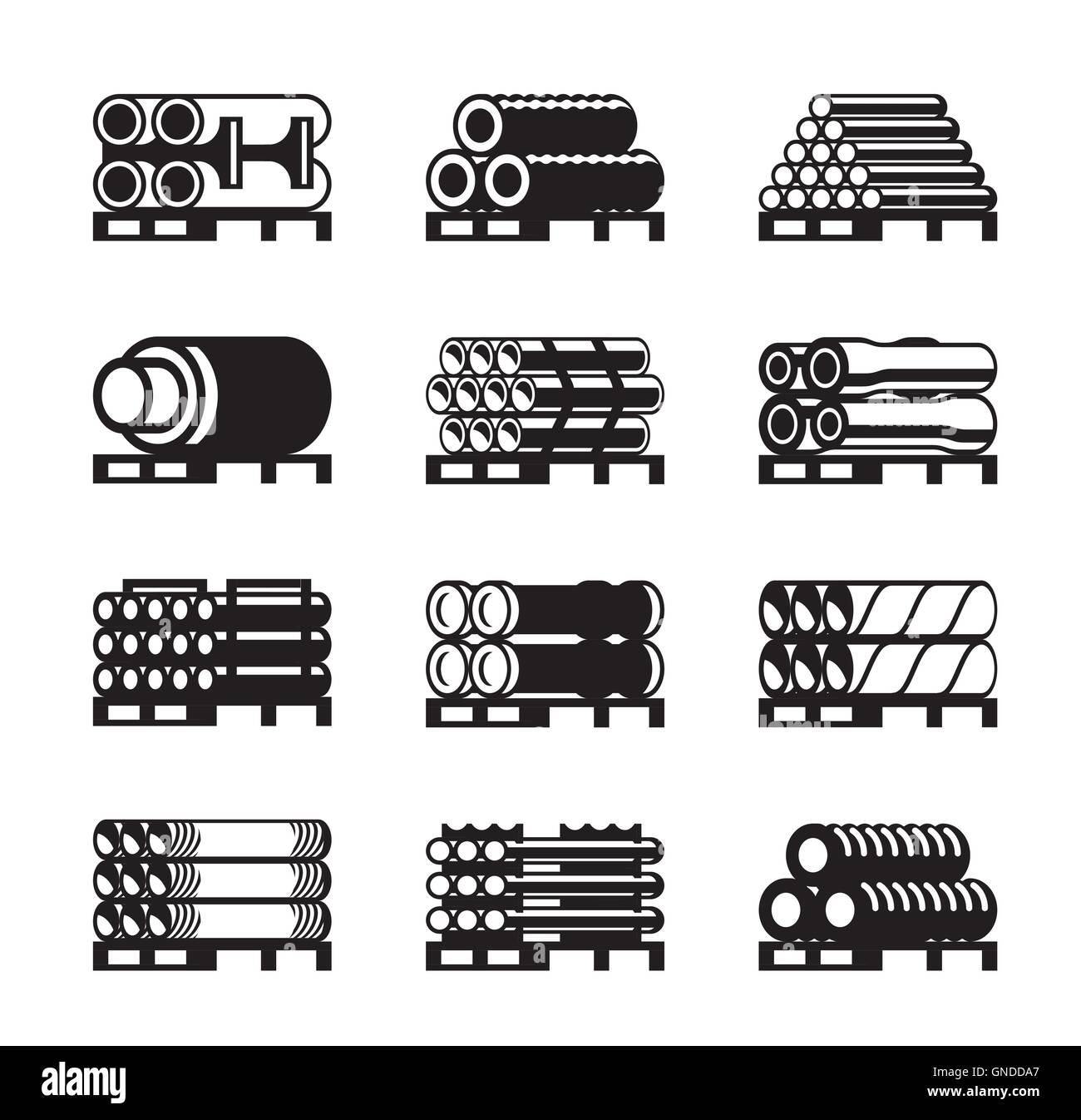 Metal, plastic and rubber pipes in pallets - vector illustration Stock ...