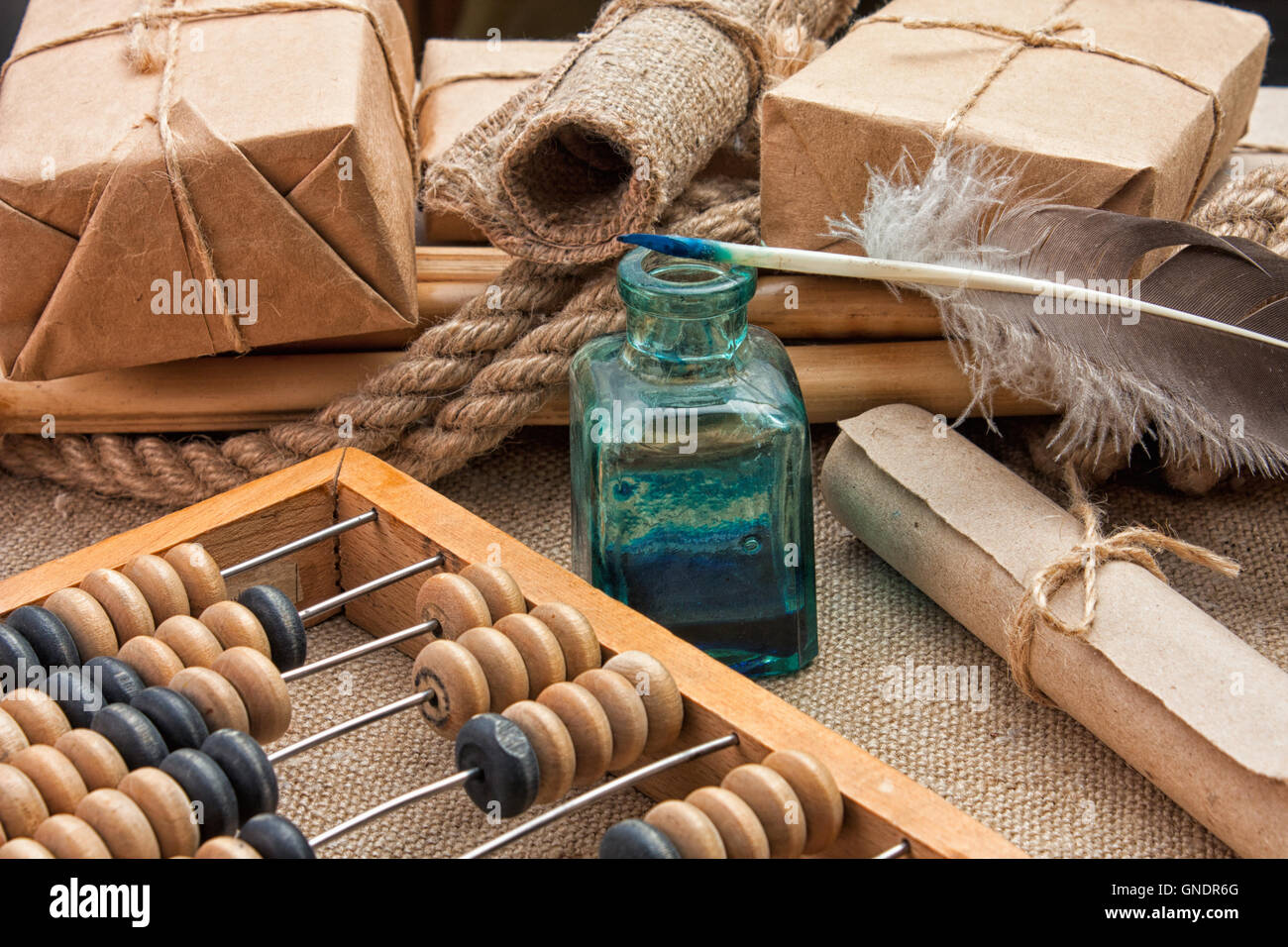 Still Life in a warehouse with abacus Stock Photo - Alamy