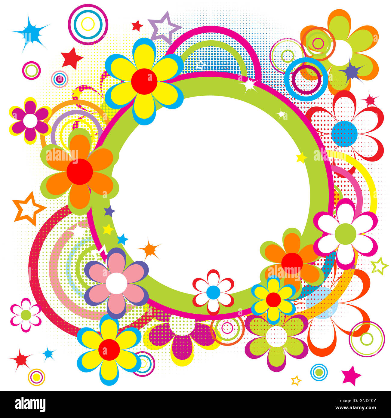 Happy frame for kids with circles, flowers and stars Stock Photo - Alamy