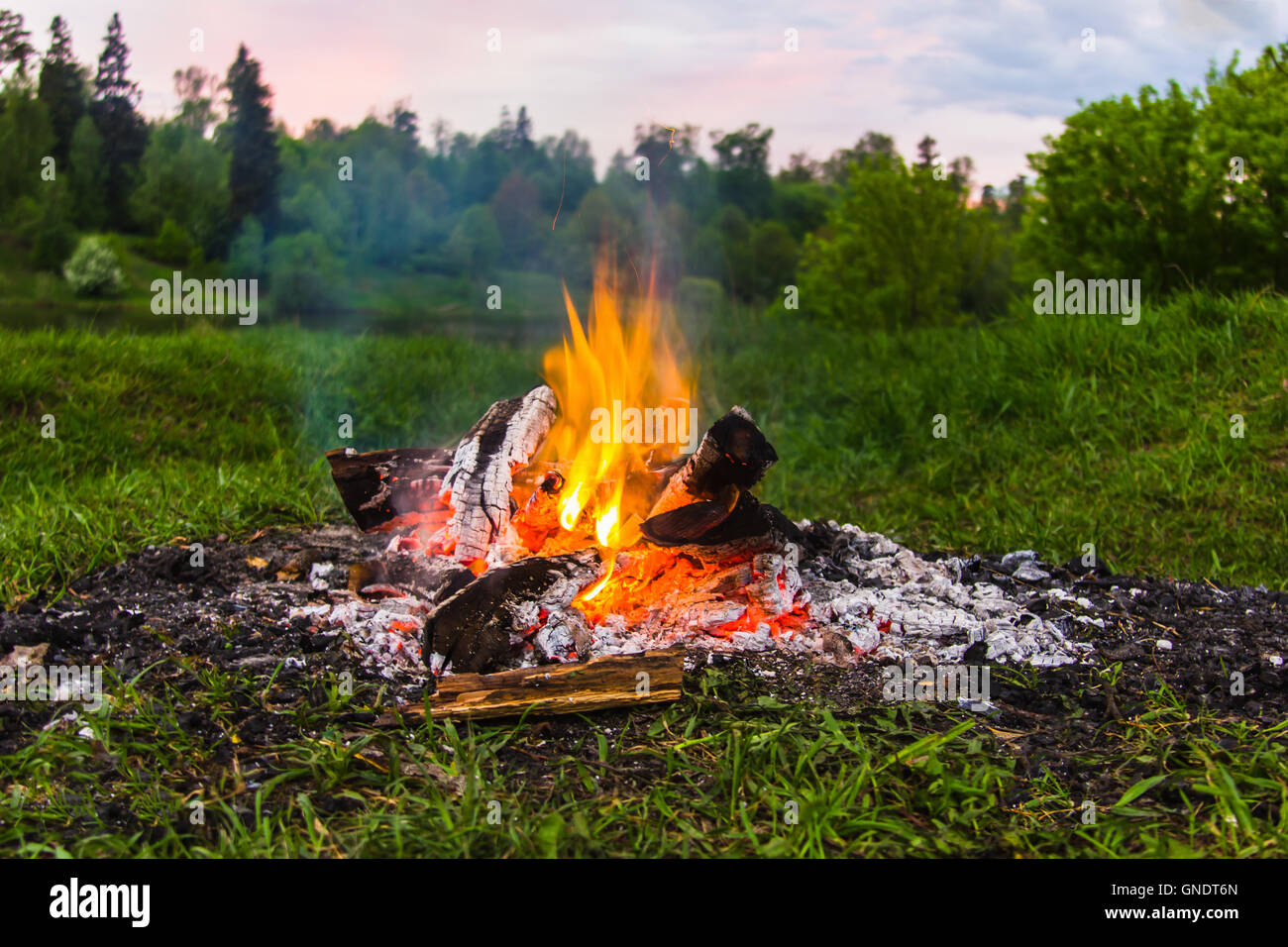Fireplace in forest at dusk Stock Photo - Alamy